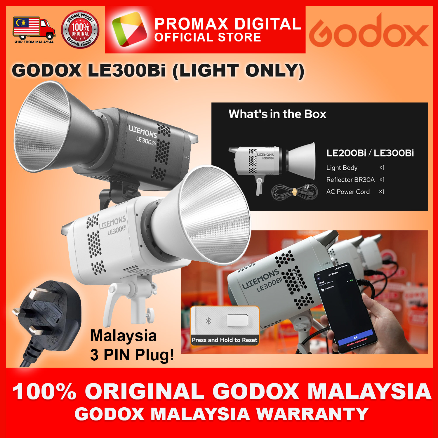 GODOX Litemons LE300Bi Bi-Color LED Monolight Studio Light (Black ...