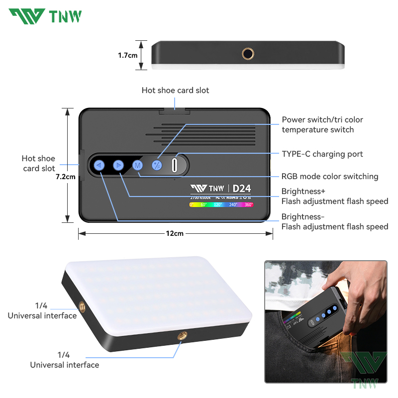 TNW D24 RGB LED Video Light Rechargeable Portable Photography Fill ...