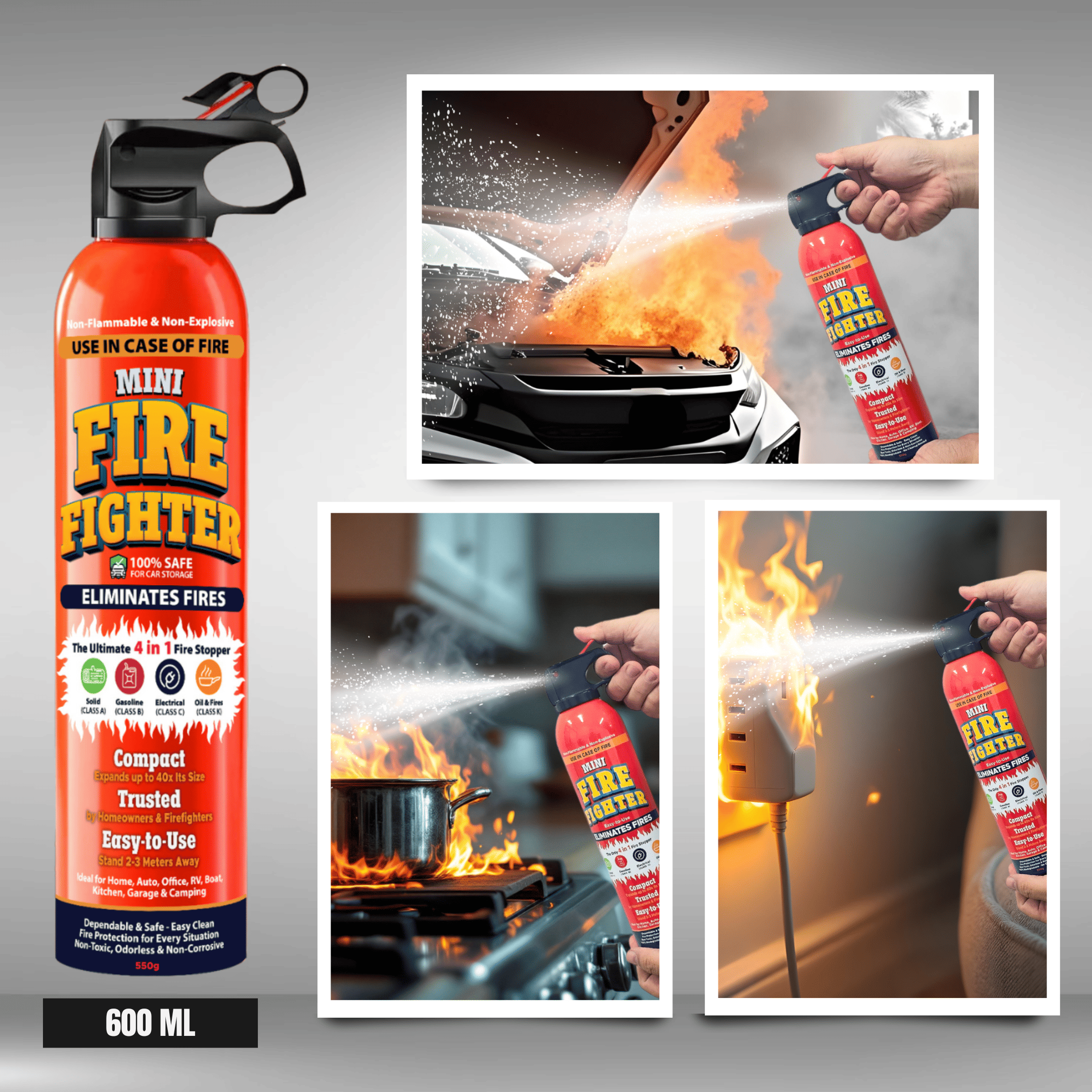3x Mini Firefighter Water-Based Portable Fire Extinguisher 600 ml 4 in1 ...