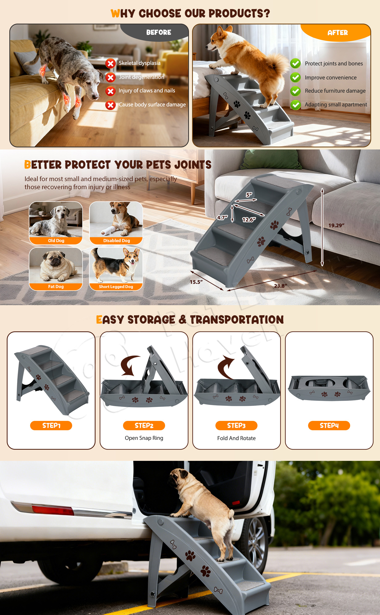 Pet stairs Foldable Pet stairs for bed Non-slip bed steps ladder dog ...