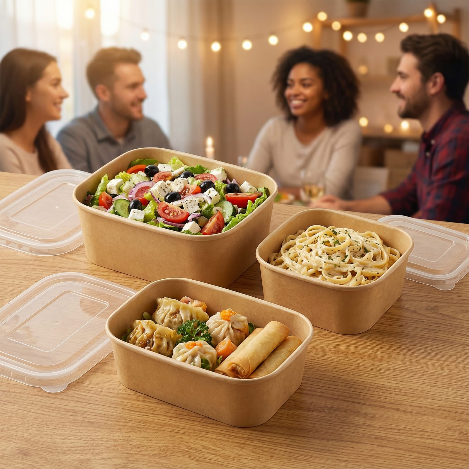 [50pcs] 750/1000ML Kraft Paper Bowl With Lid/Square Paper Bowl ...