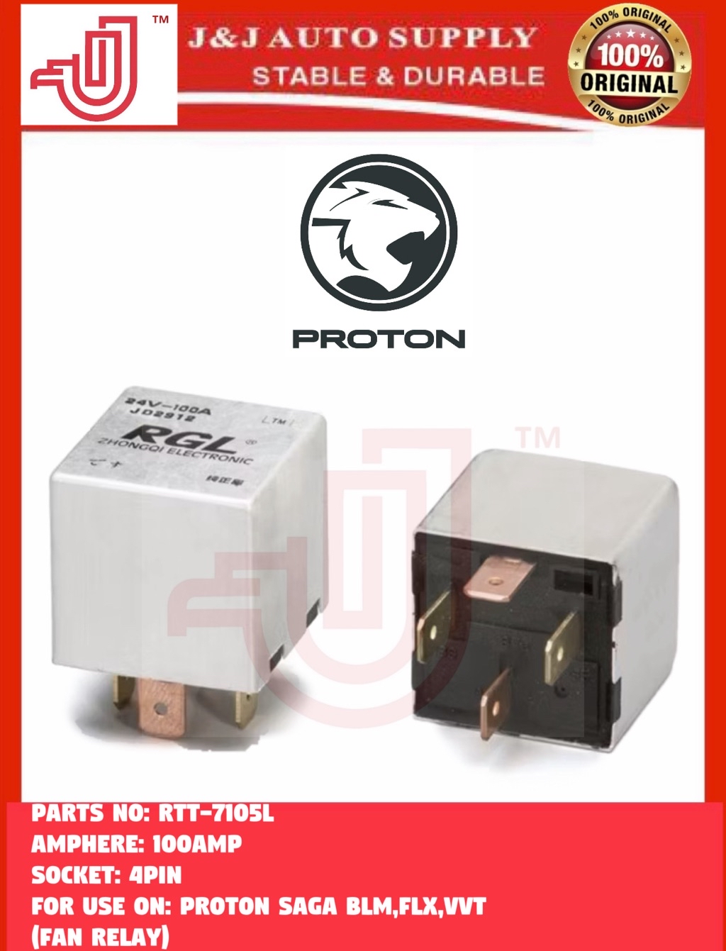 RTT-7105L BRAND J&J 100AMP 4PIN RELAY(FAN,AIRCOND RELAY) FOR USE ON ...