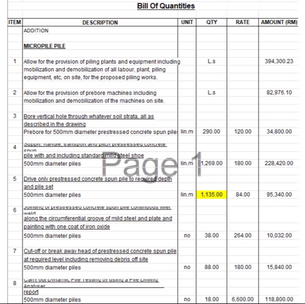 Piling Foundation Bill of Quantities Editable Excel Document File ...