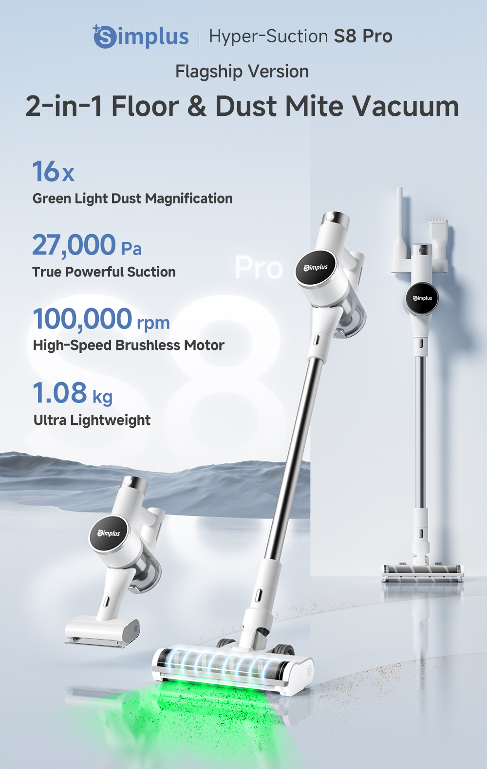 Simplus Cordless Vacuum Cleaner | 27,000Pa Suction Power |Green Light ...