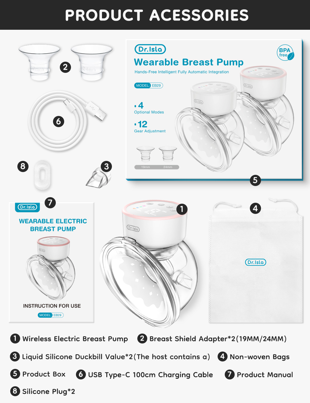 Dr.Isla Electric Breast Pump Wireless Wearable Painless Massage Hands ...