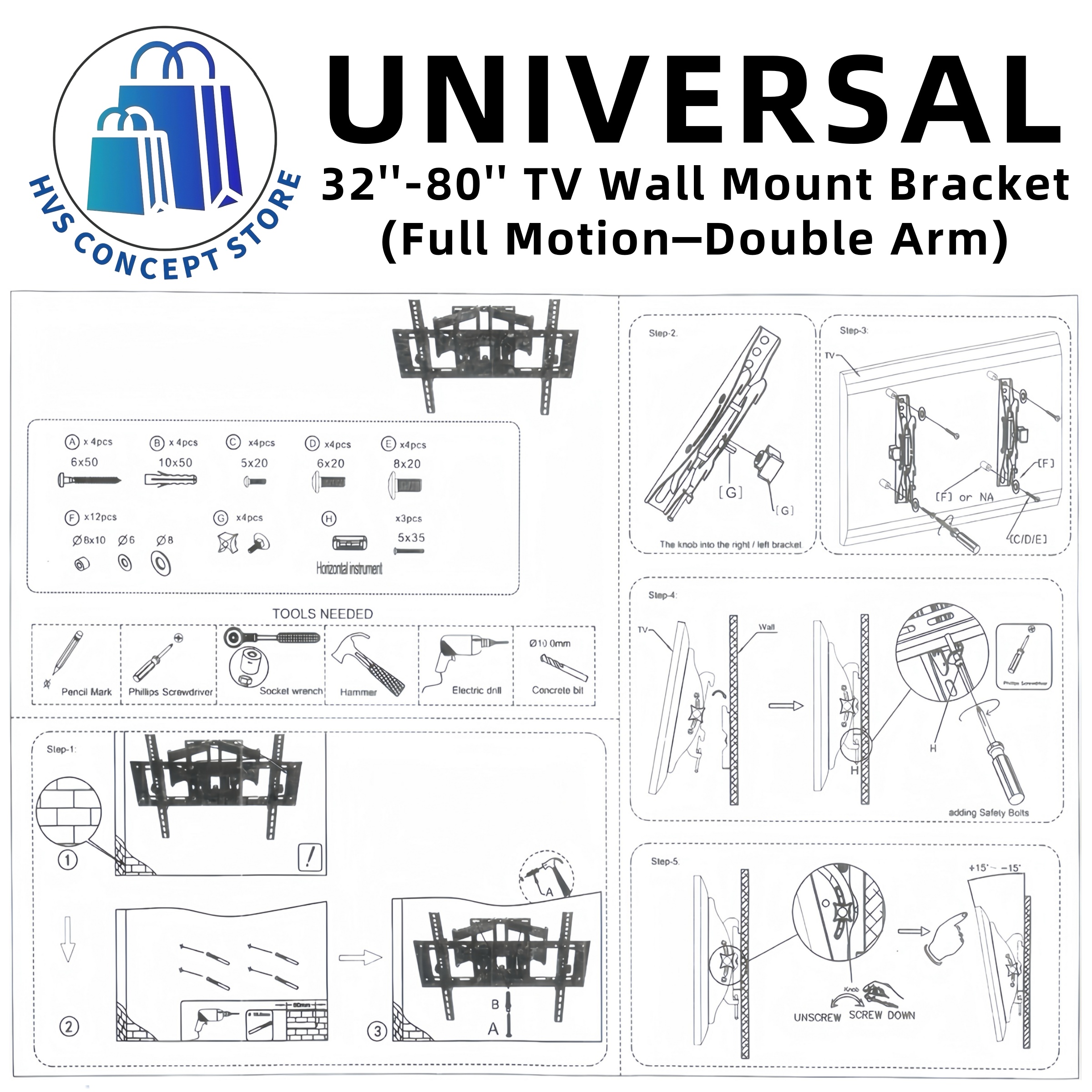UNIVERSAL 32"–80'' TV WALL MOUNT BRACKET (FULL MOTION ‒ DOUBLE ARM ...