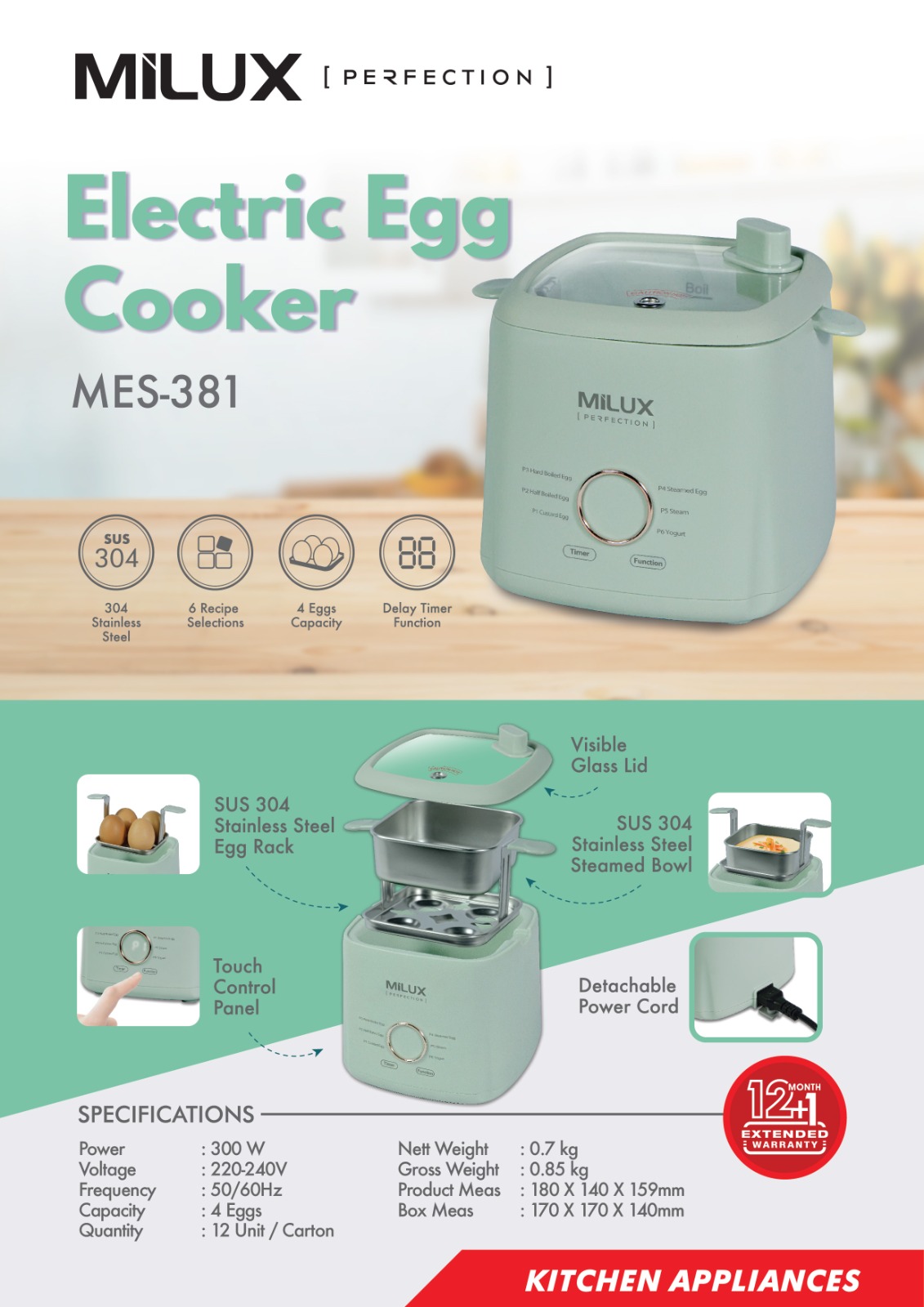 Milux Egg Steamer MES381 | 4 Eggs Capacity | SUS 304 | 6 Recipe ...
