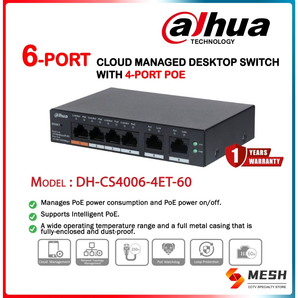 Dahua CS4006-4ET-60 4-Port PoE Switch 60W Cloud Managed Desktop Switch ...