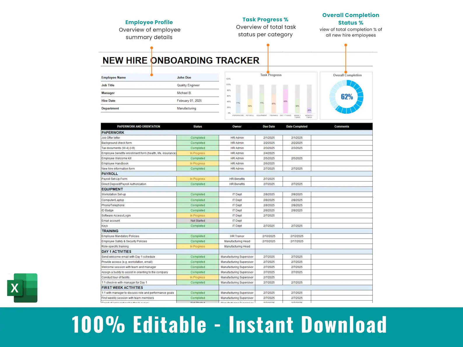 New Hire Checklist Excel Template New Hire Onboarding Job Offer New ...