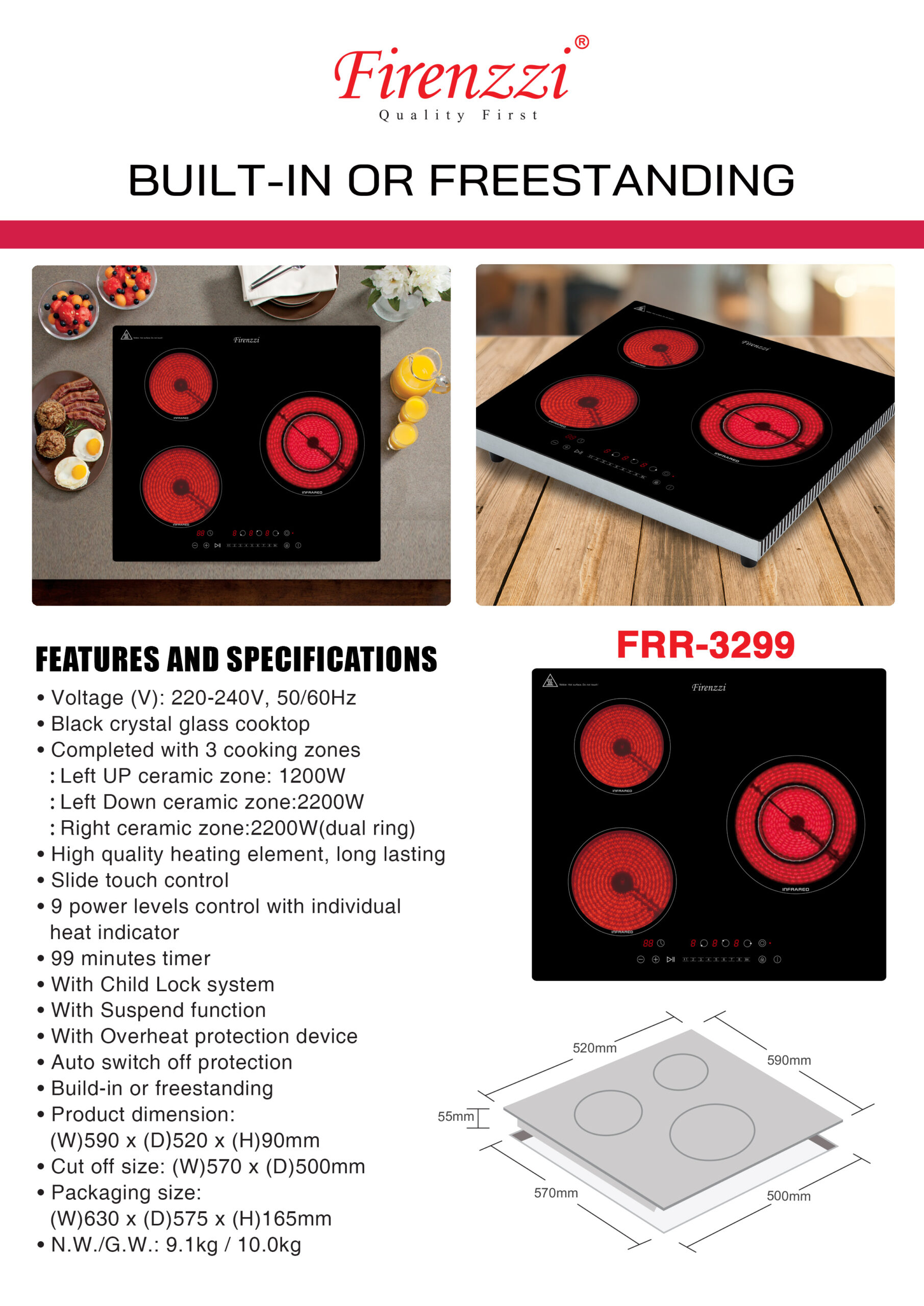 Firenzzi Build-In Or Freestanding 3 Cooking Zones Ceramic Hob 5600 Watt ...