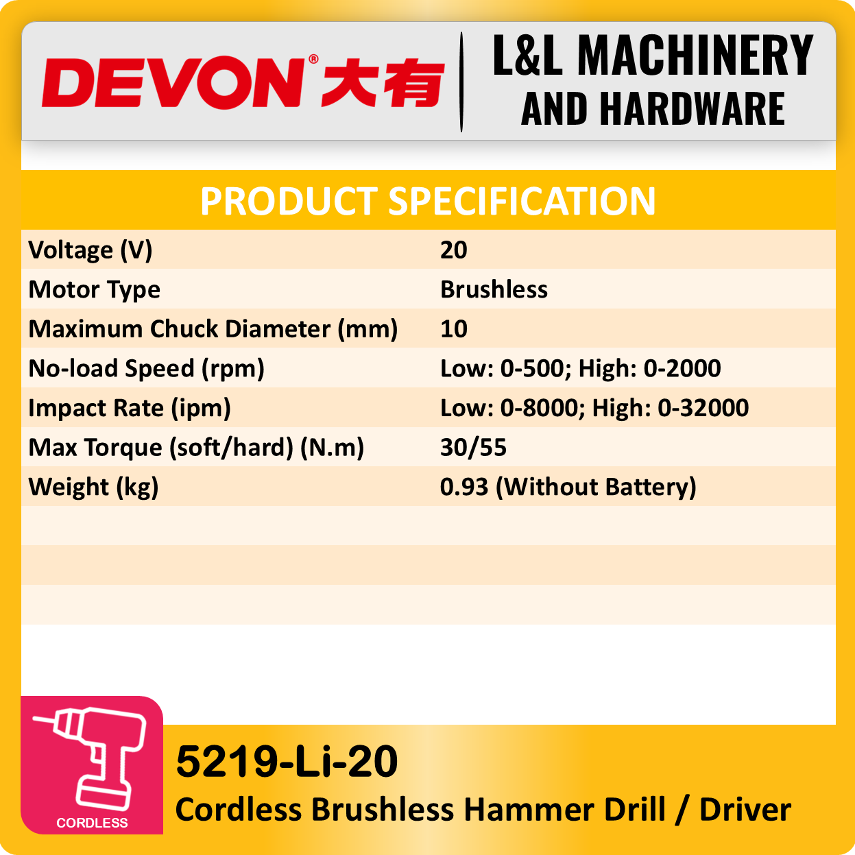 DEVON 5219-LI-20 20V Brushless Cordless Impact Drill / Hammer Driver ...