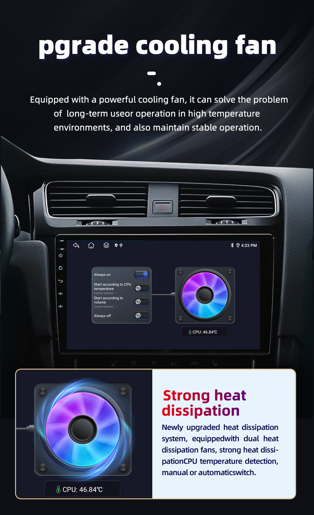 Android Player 8 Core+8GB+128GB 7"9"10" inch Cooling Fan CarPlay ...