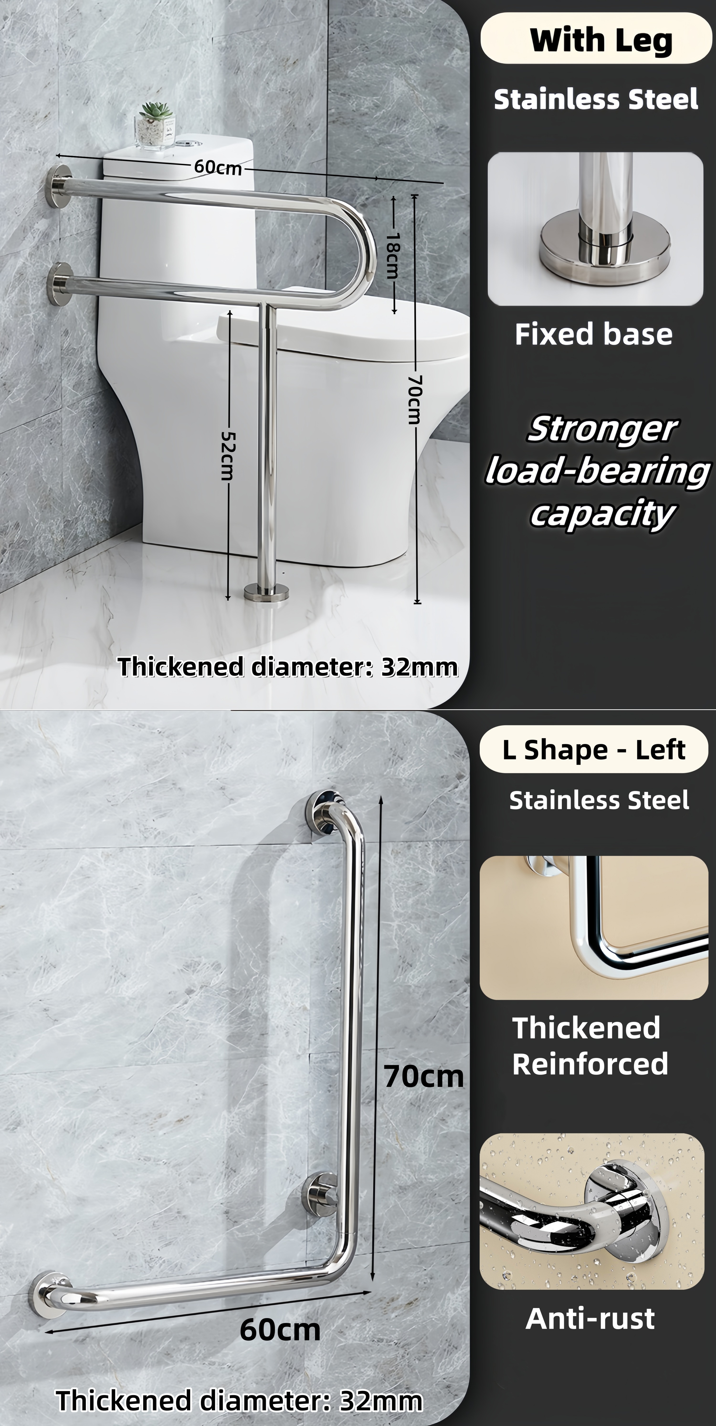 304 Stainless Steel Bathroom Grab Bar 60 70cm Flip Up U Shape Toilet ...