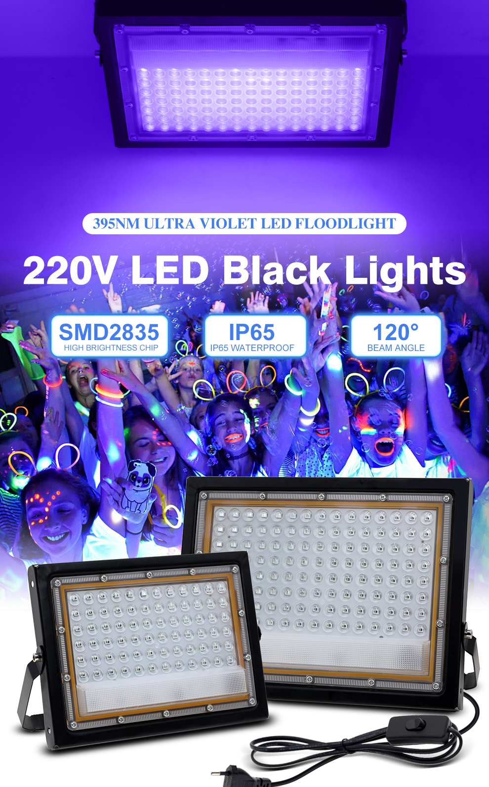 UV Light LED Floodlight AC220V 50W 100W IP66 395nm UV LED Fluorescent ...