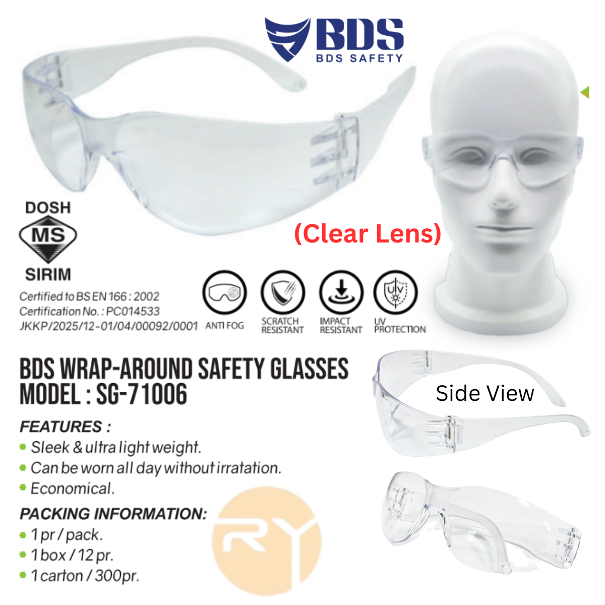 [SIRIM DOSH] BDS Safety Eye Protection Wrap-Around Safety Glasses ...