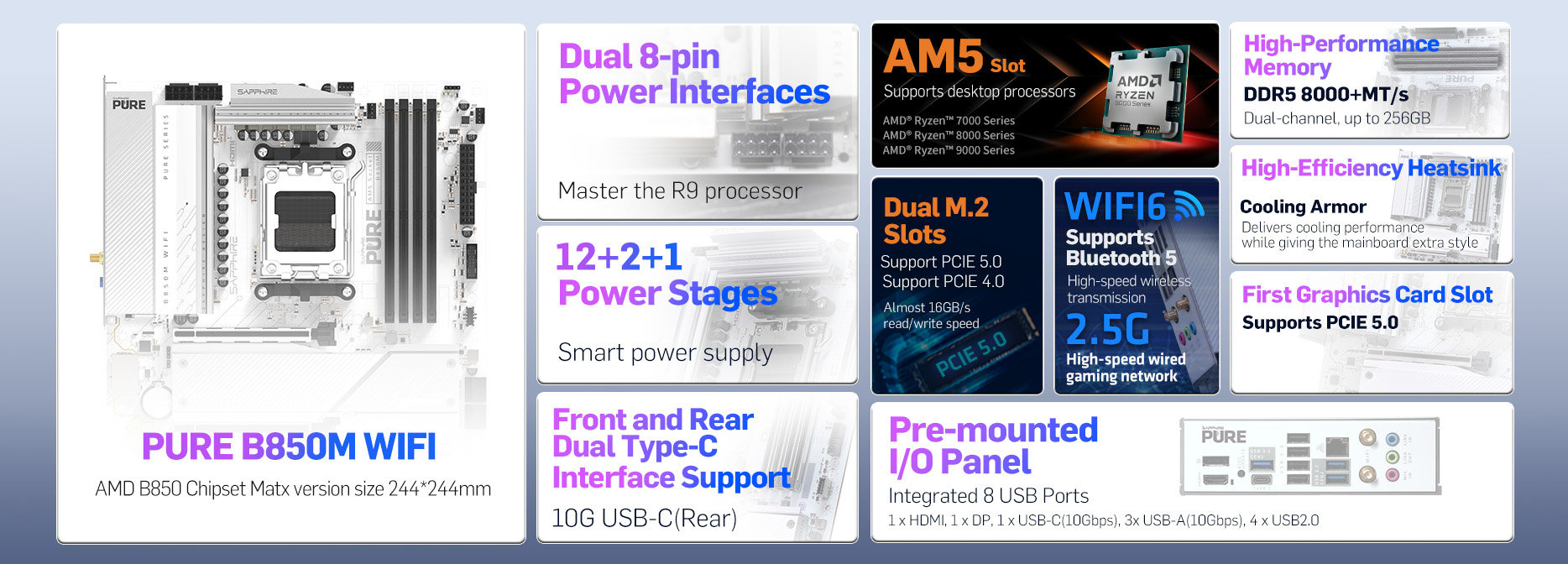 Sapphire PURE B850M WIFI 6 M-ATX Gaming Motherboard + AMD 9000 Series ...