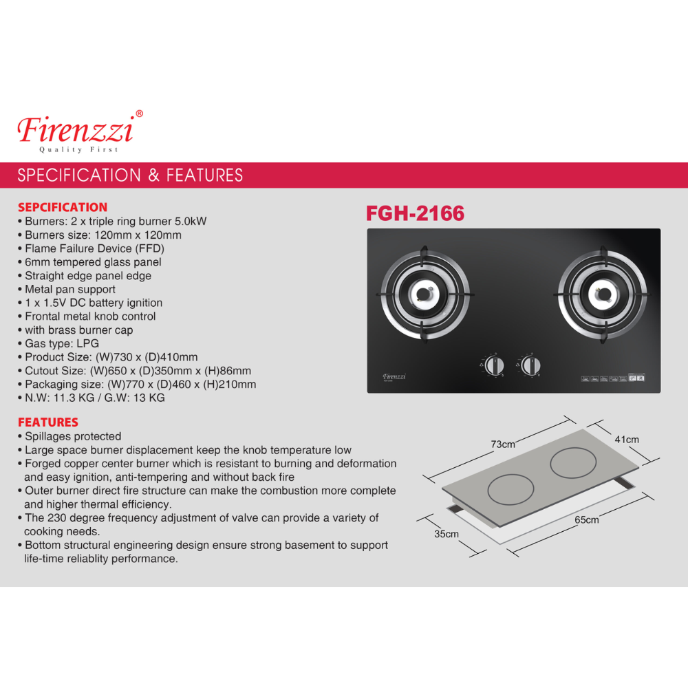 【FREE SHIPPING】 Firenzzi FGH-2166 Gas Hob (10.0Kw) Tempered Glass with ...