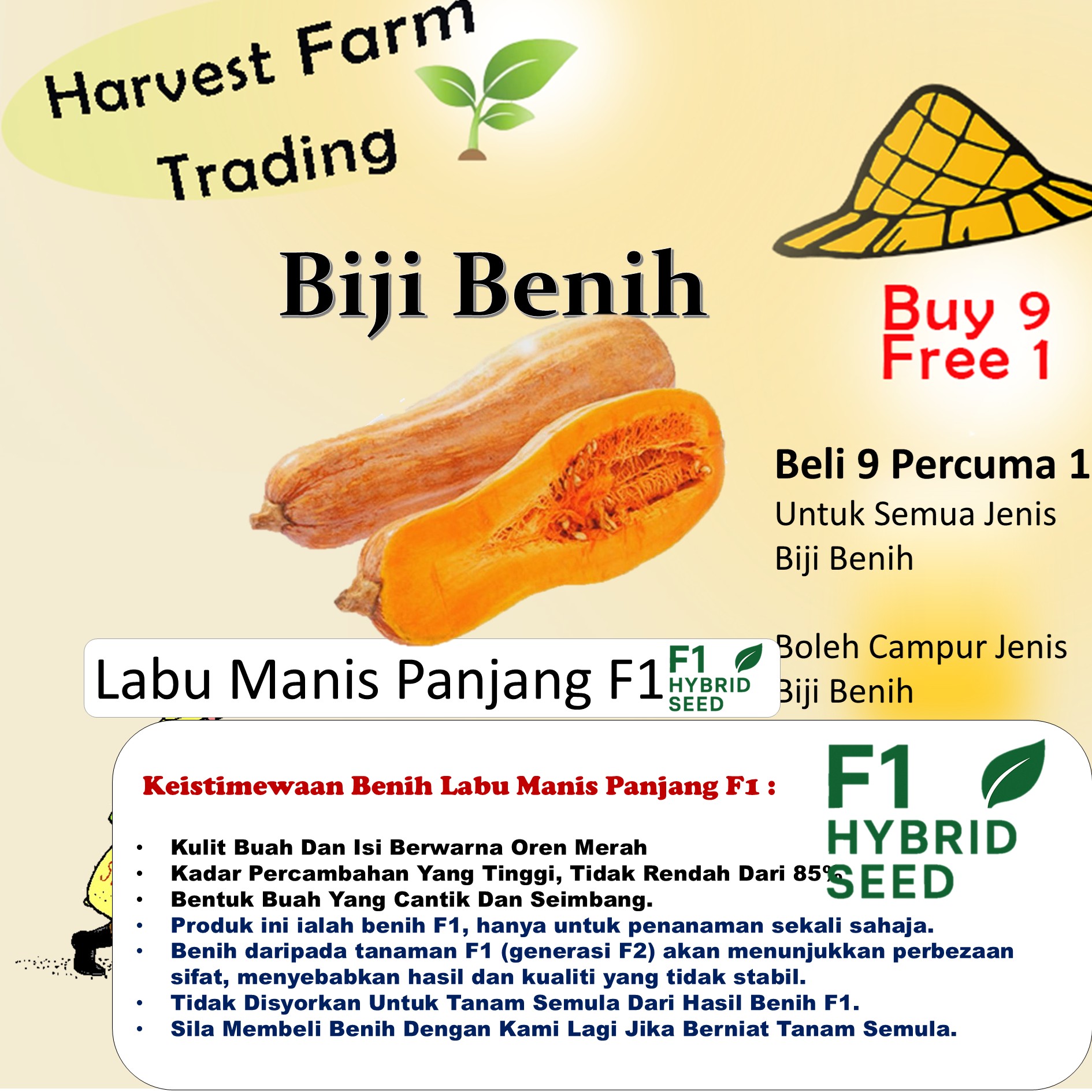 Biji Benih Labu Panjang Manis F1 5Pcs +- pumpkin seed fruit seeds ...