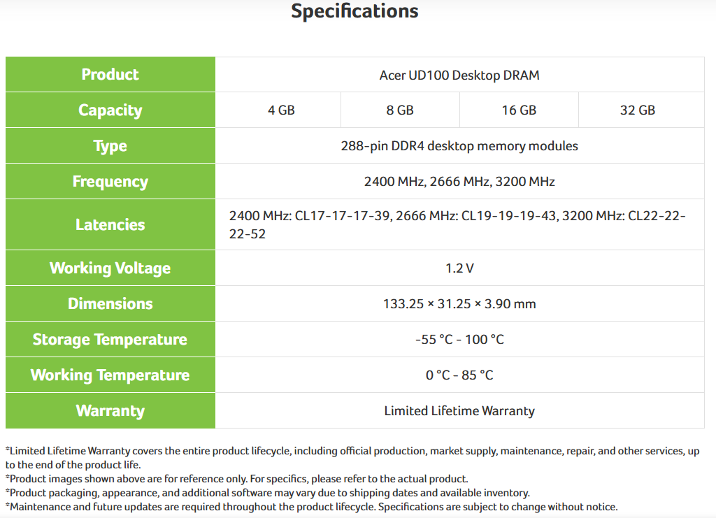 [SK TECH] ACER UD100 DDR4 U-DIMM (4G/8G/16G/32G) PC VALUE RAM 2666MHz ...