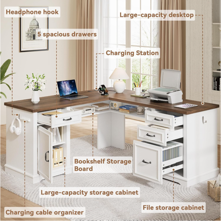 Farmhouse L Shaped Executive Desk with 4 Drawers Home Office Desk Wood ...