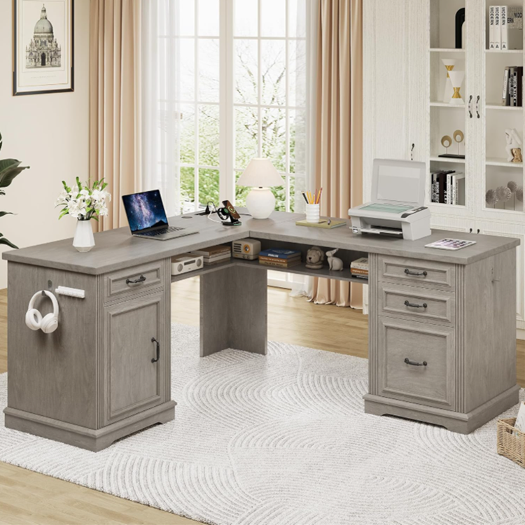 Farmhouse L Shaped Executive Desk with 4 Drawers Home Office Desk Wood ...