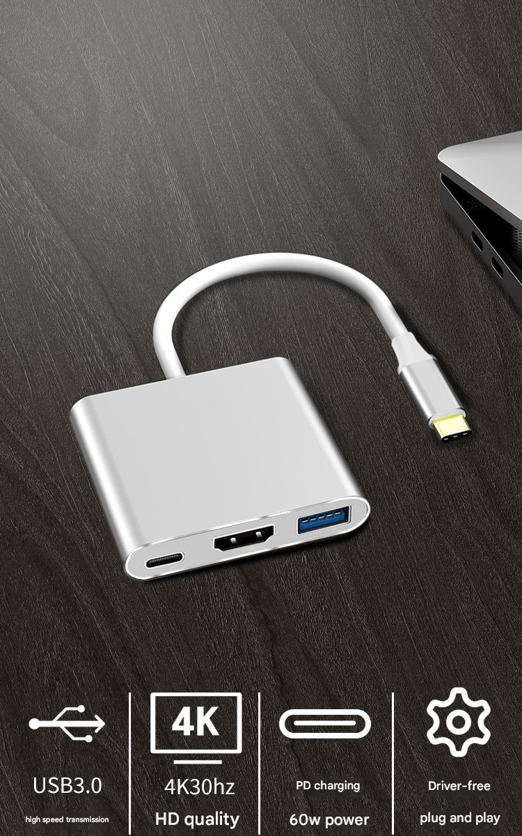 Type-C to HDMI 4K Adapter USB 3.0 PD Fast Charging 3-in-1 Hub Switch ...