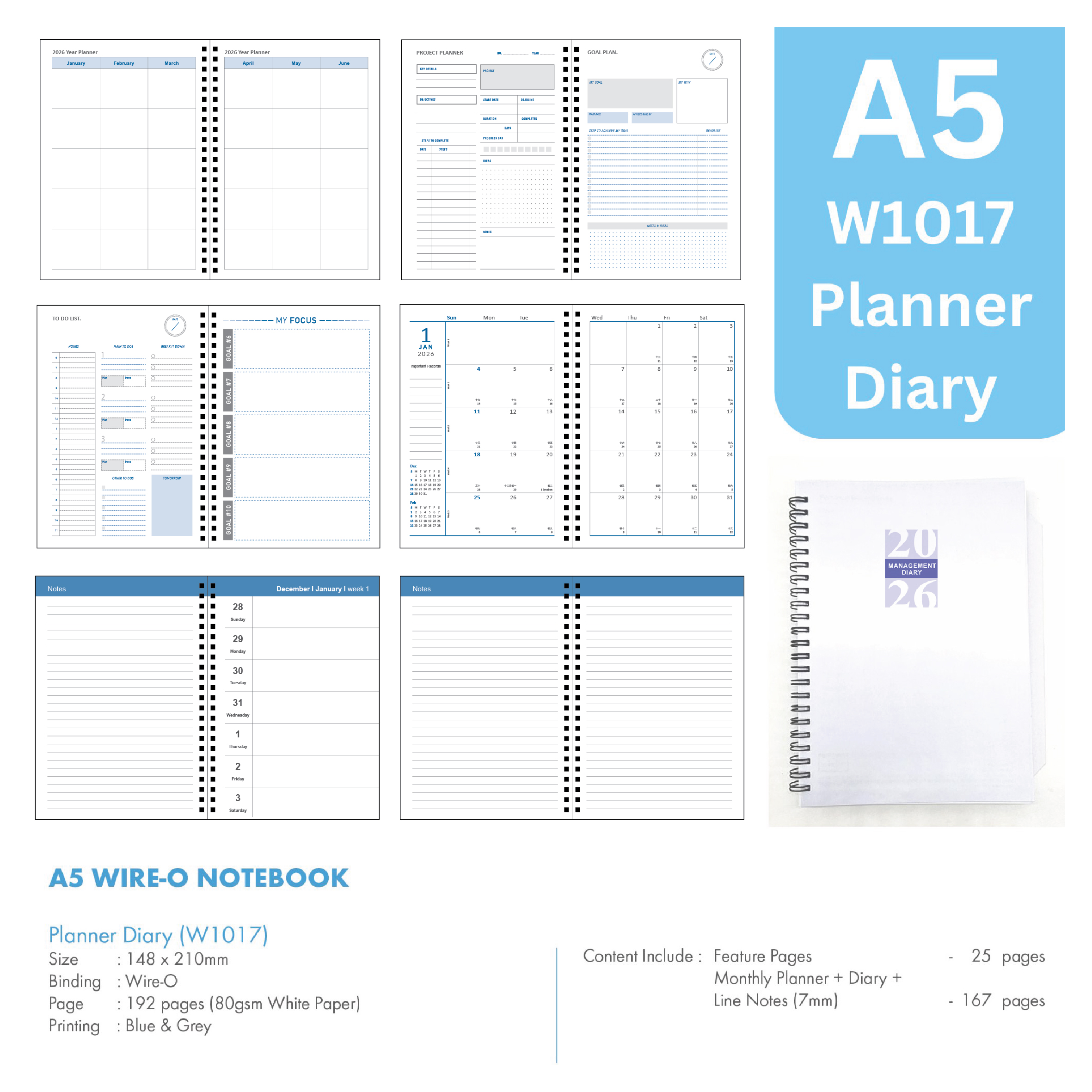 2026 Diary Planner A5 PU Leather W1003 Wire O Monthly Planner Notebook ...