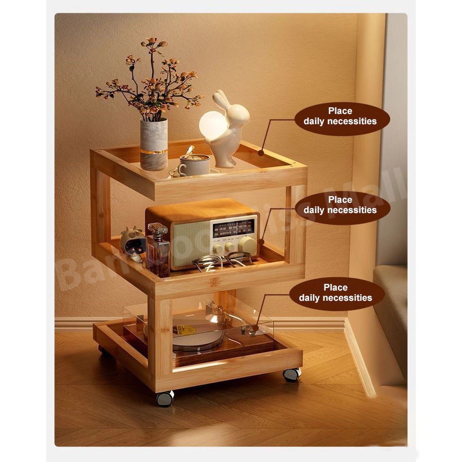 BBM Bamboo Coffee Table With Wheels Meja Kopi Sofa Side Table Storage ...