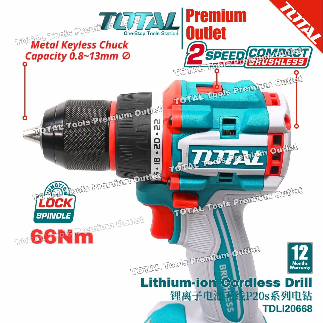 TOTAL Tools 20V series 66Nm Compact Brushless Cordless Drill (Full set ...