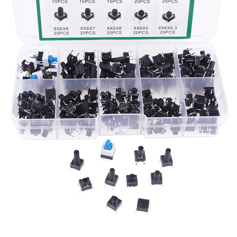 6x6mm Tact Switch Assortment 200pcs 10 Types 4 Pin PCB Push Button Kit ...