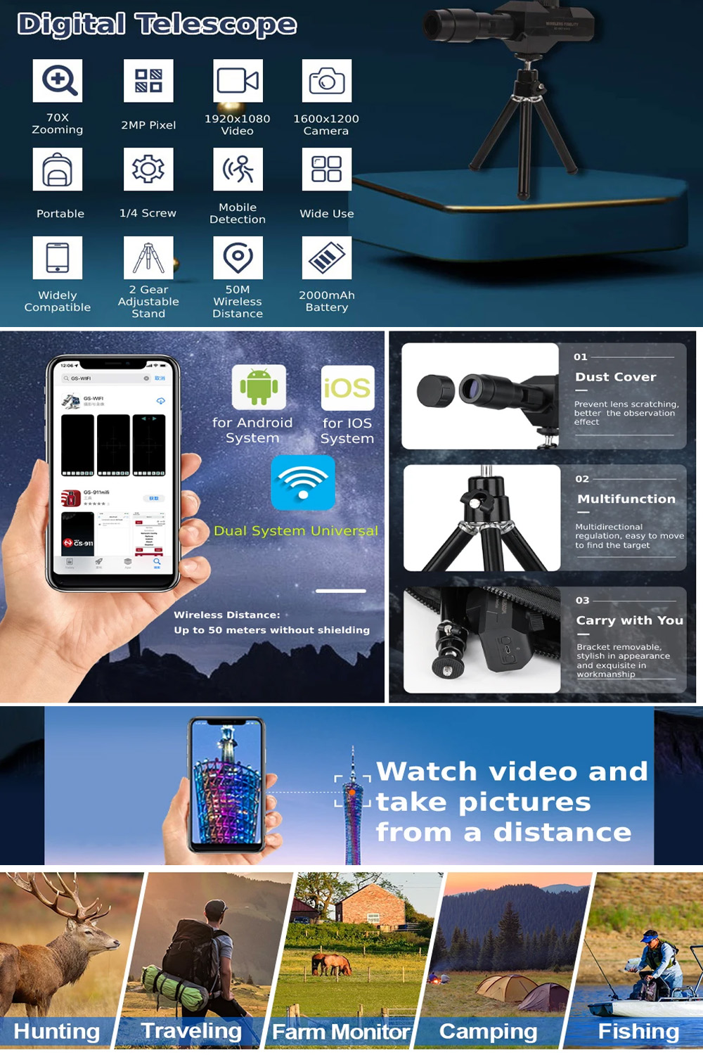 WiFi Digital Telescope 70X Large Aperture Objective Lens 4K Photos ...