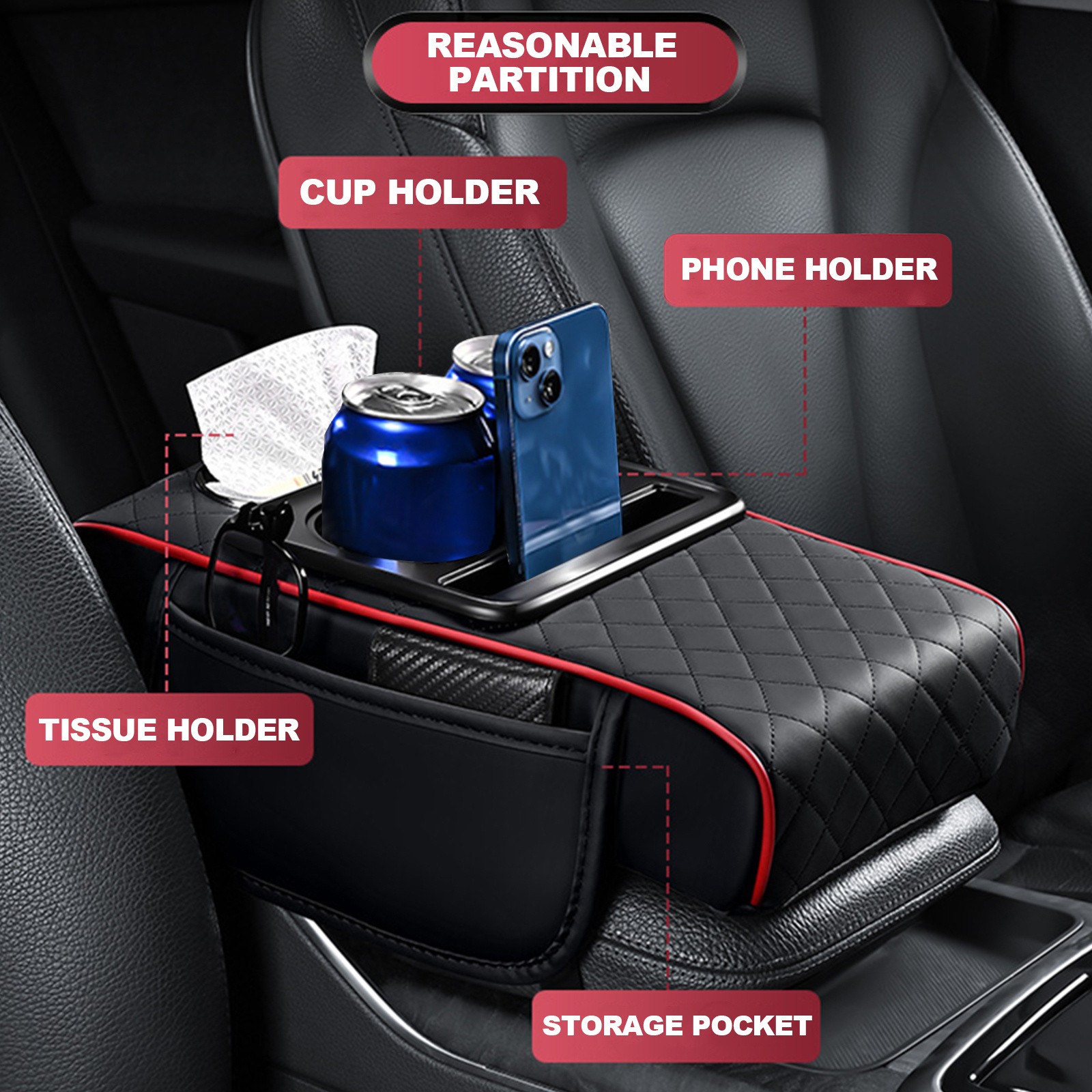 Car Armrest Cushion Seat Arm Rest Box Console Phone Storage Organizer ...