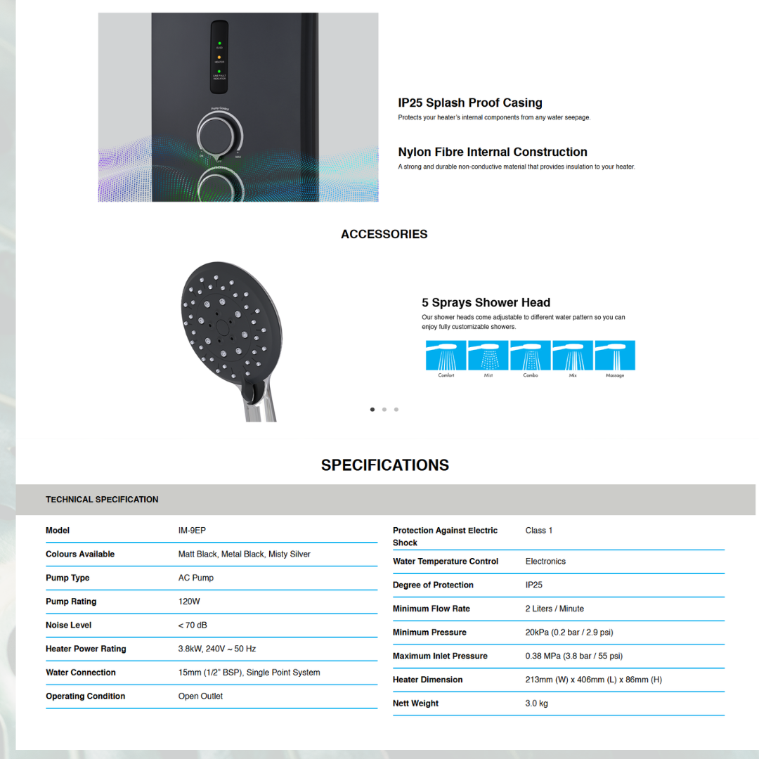 Alpha IM9EP (Matt Black) Slim Instant Water Heater with Pump | ESH ...