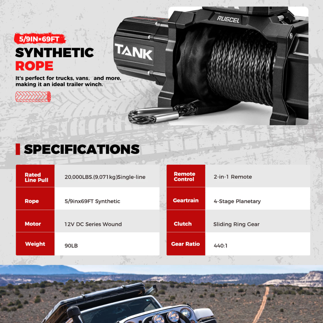 RUGCEL TANK WINCH 20000LB 12V Plasma Rope 7.8HP Electric Winch 4x4 ...