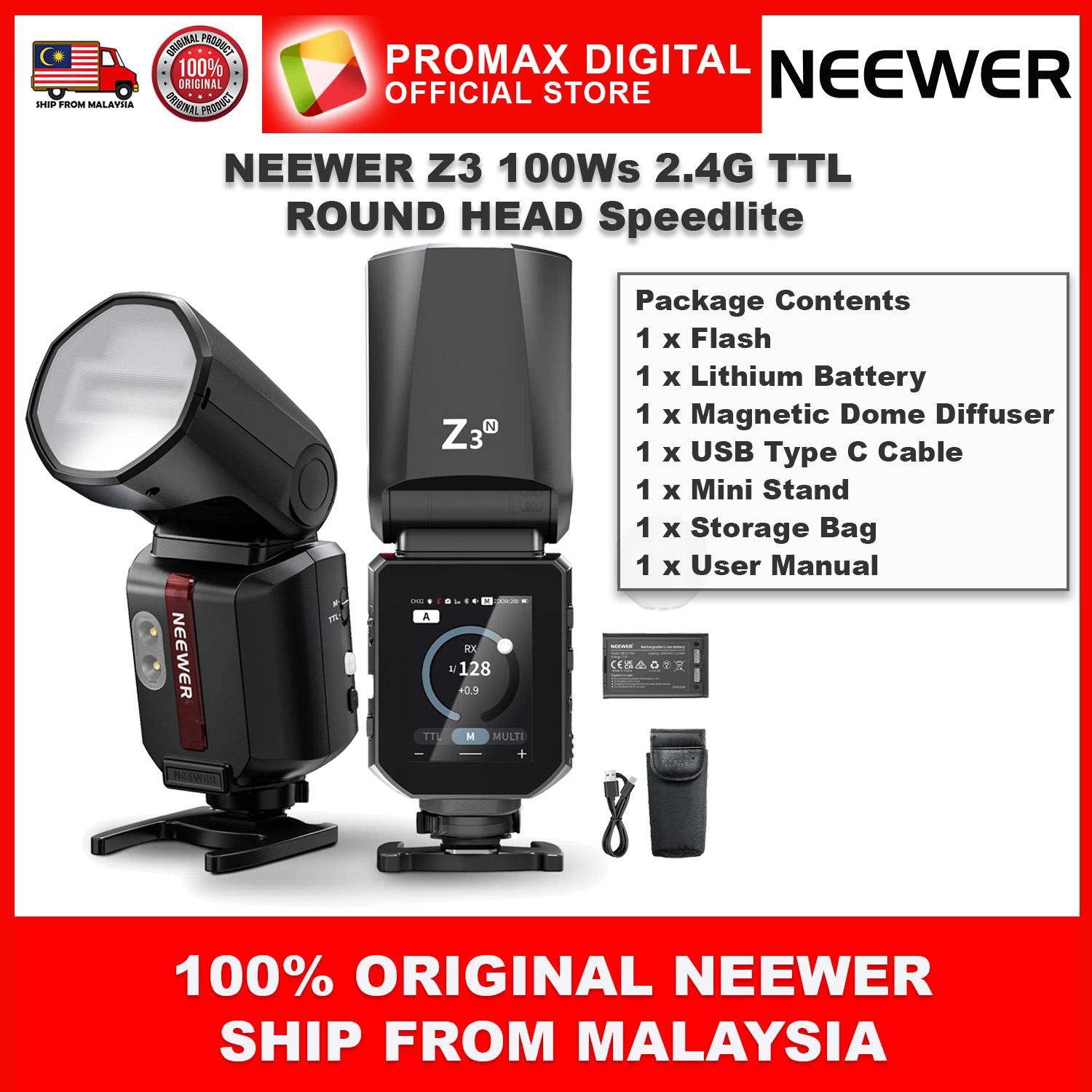 NEEWER Z3 100Ws 2.4G TTL Round Head Flash Speedlite Camera Flash Same ...
