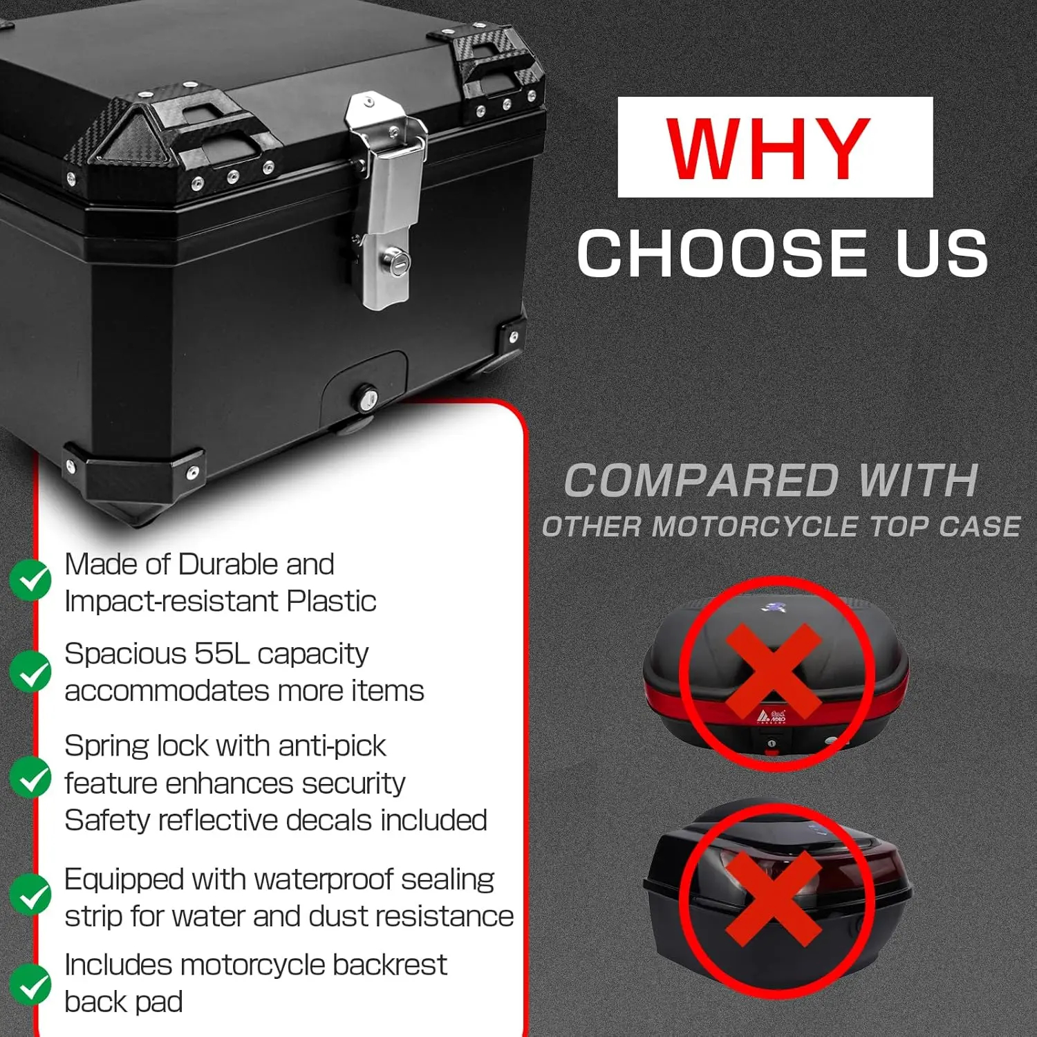 45L Motorcycle Tail Box Top Case Lockable Luggage Helmet Storage Rear ...
