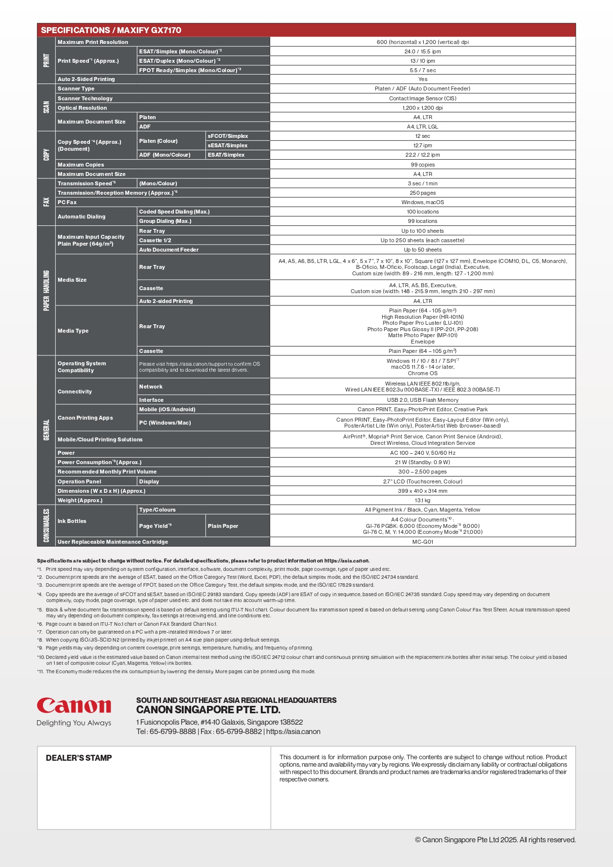 Canon G7070/ MAXIFY GX7170 All-In-One Refillable Ink Tank Wireless with ...