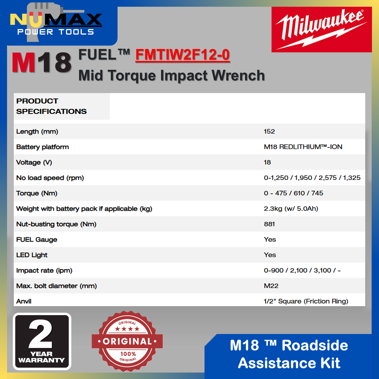 Milwaukee M18™ Roadside Assistance Kit M18 FMTIW2F12 Mid Torque Impact ...