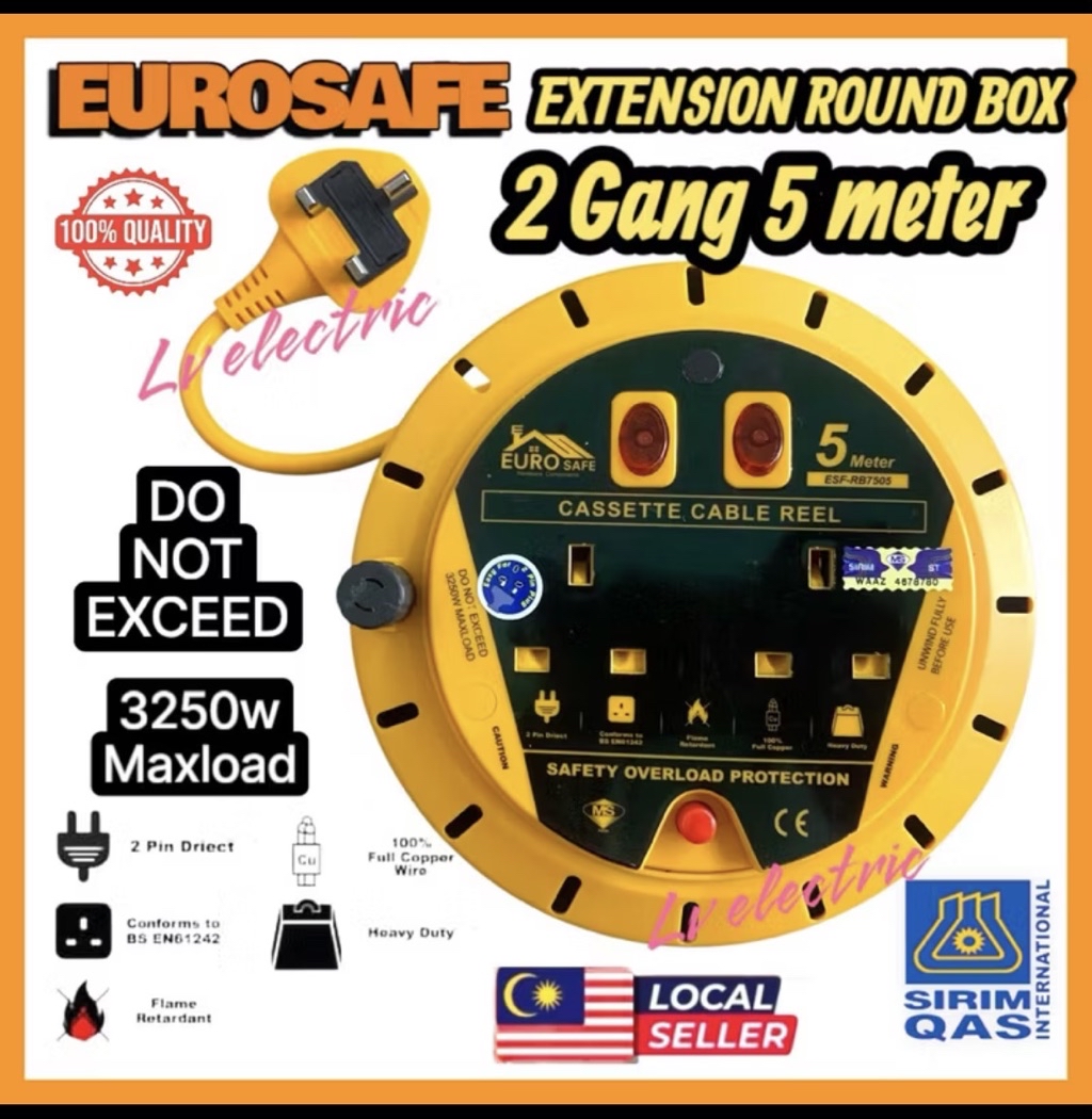 SIRIM EUROSAFE 5 METER 2 GANG CASSETTE CABLE RELL EXTENSION ROUND BOX 2GANG 5METER SIRIM HEAVY ...