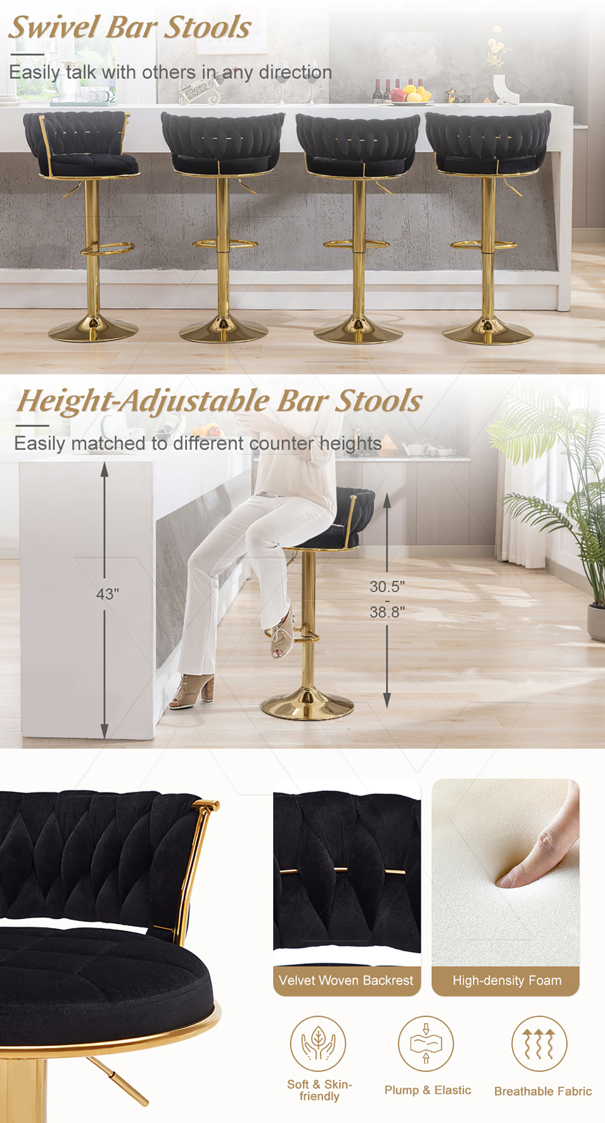 Nordic Fabric Velvet Bar Stool Rotating Lift Bar Chair Velvet Bar Chair ...