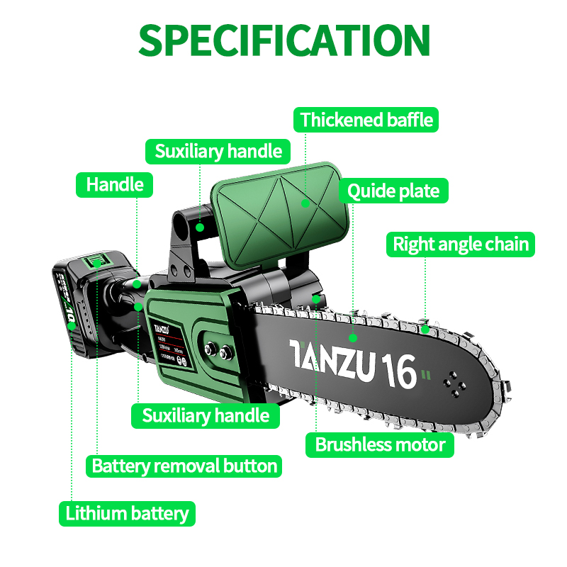 TANZU Cordless Brushless Electric Chainsaw With High Power (21V/8/12/16 ...