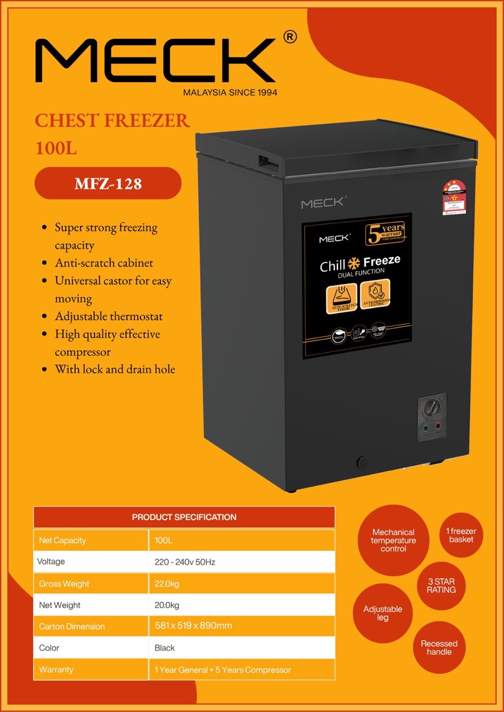 [ MATTE BLACK SERIES ] MECK CHEST FREEZER 100LITRES MFZ-128 (PETI SEJUK ...