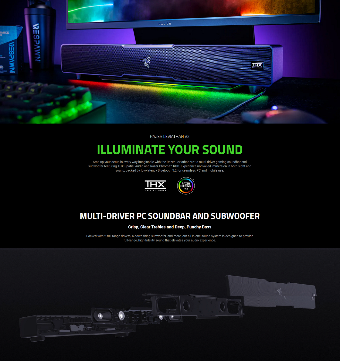 RAZER LEVIATHAN V2 PC GAMING MULTI-DRIVER PC SOUNDBAR WITH SUBWOOFER ...
