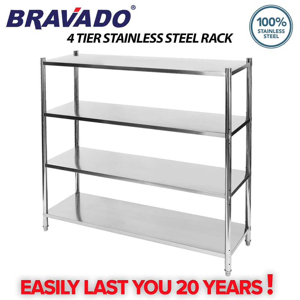 🔥SUS 304 🔥BRAVADO 4 TIER Stainless Steel Storage Shelf Rack Kitchen ...