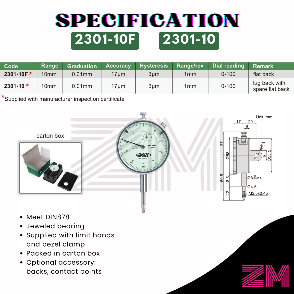 INSIZE DIAL INDICATOR (BASIC TYPE) 2301-10(Lug back),2303-10F(Flat back ...