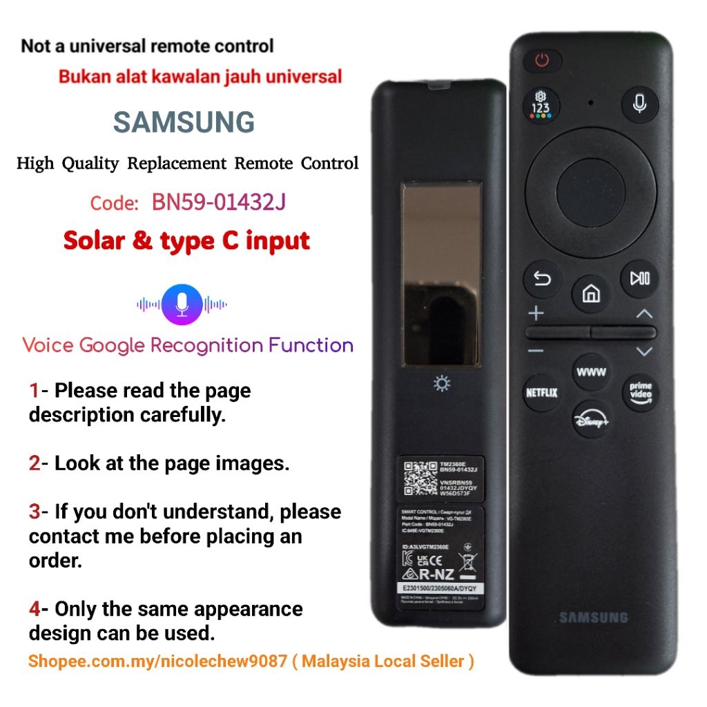 Samsung Solar BN59-01432J Smart Led TV Replacement Remote Control With ...