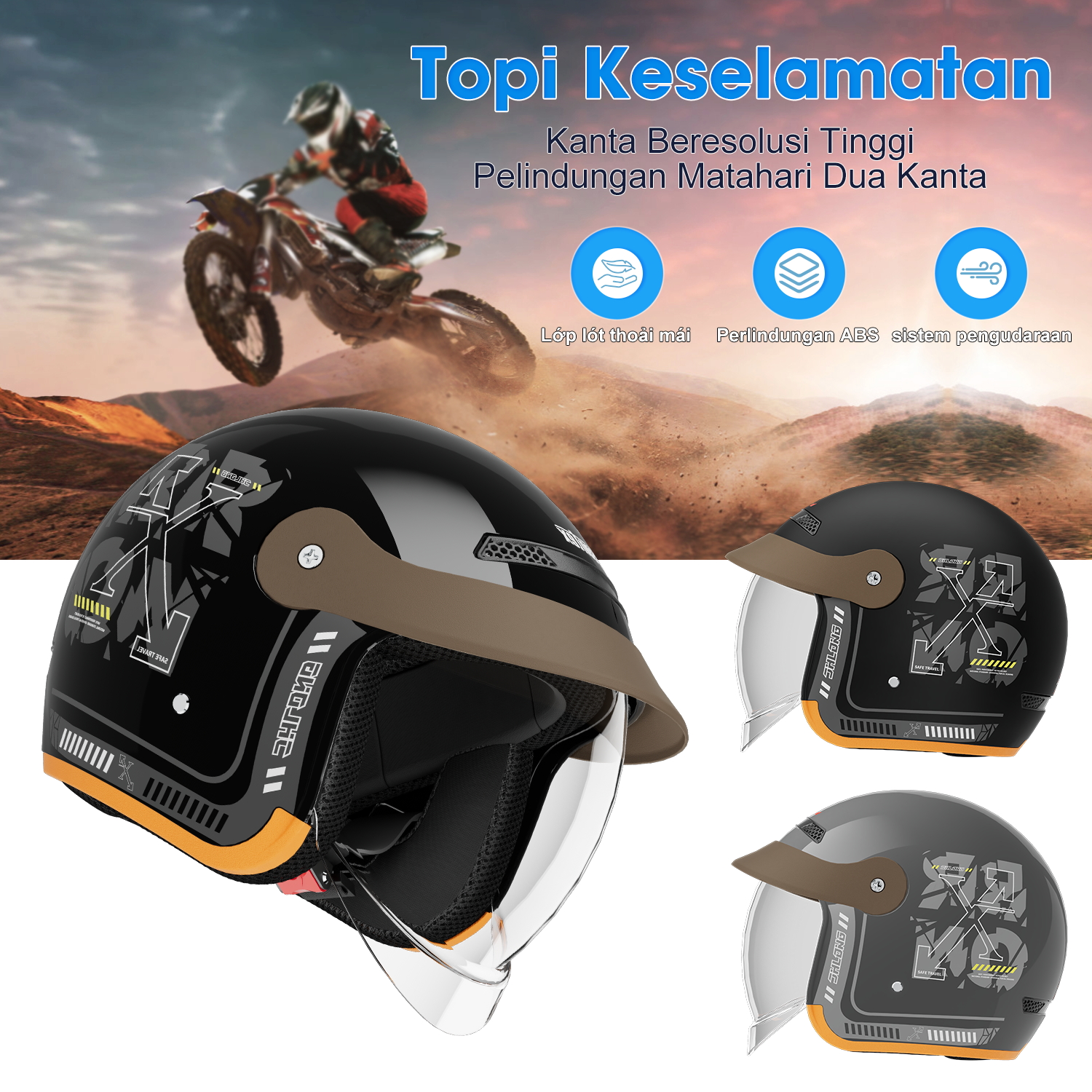 Helmet Retro Masontex Separuh Kepala, Visor Hitam Anti Silau, Telinga ...