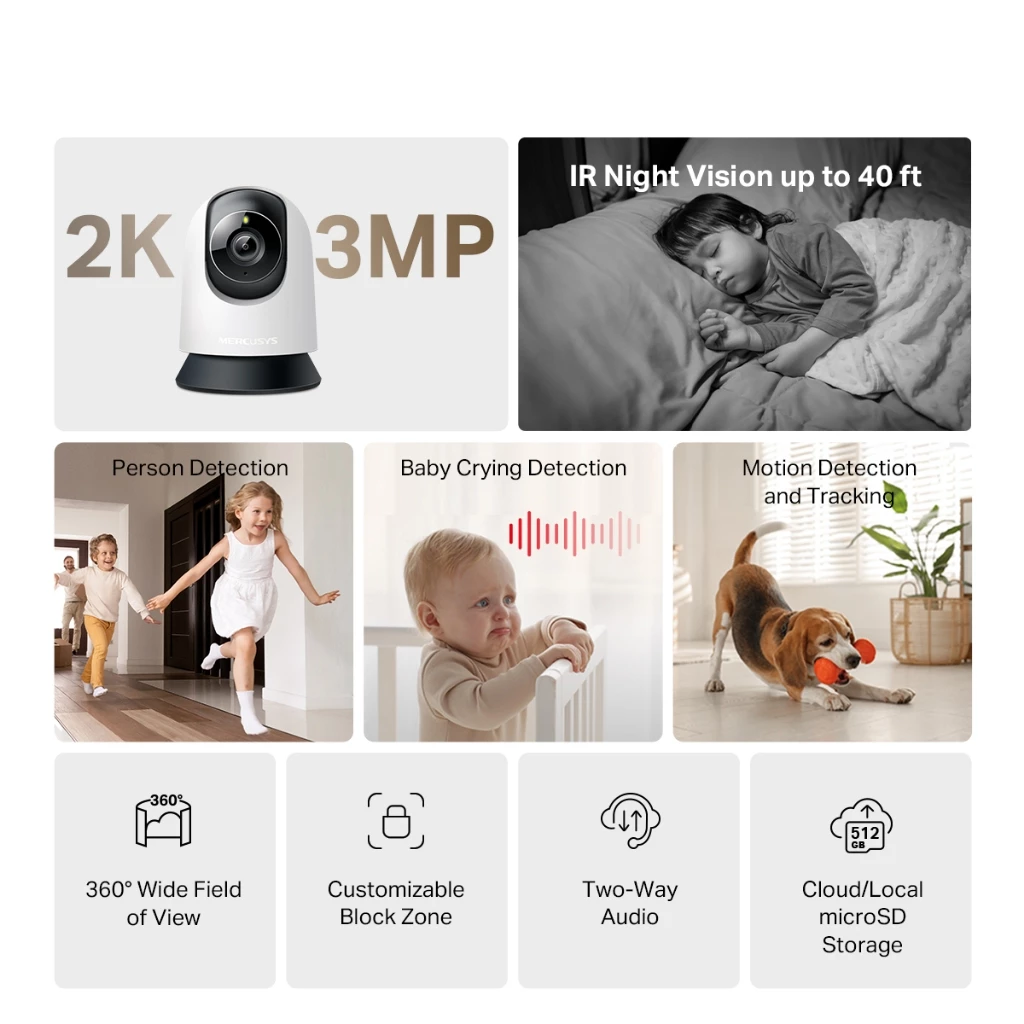 Mercusys MC210 2K 3MP WiFi Camera 360° View Pan & Tilt Night Vision 12m ...