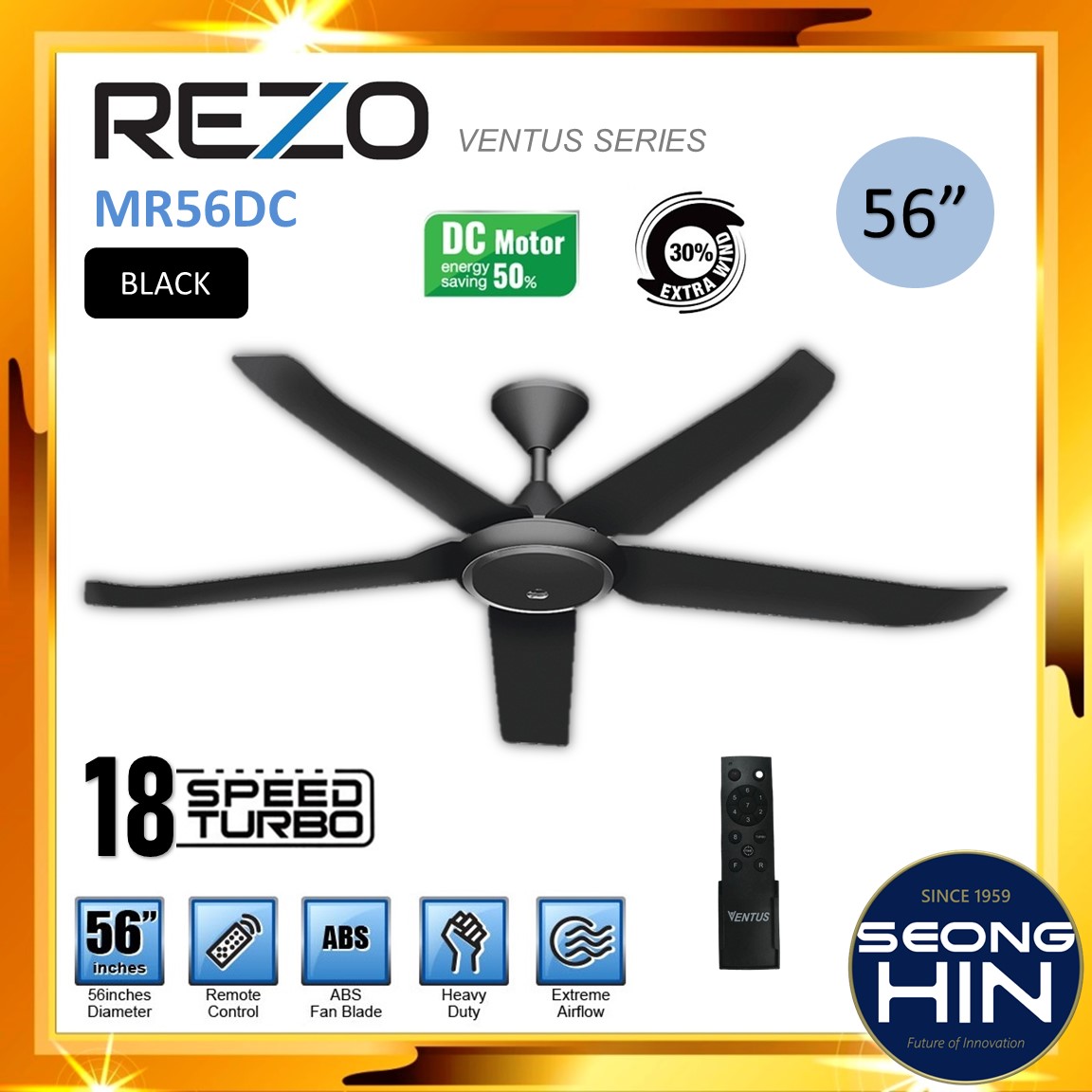 REZO Ventus 56" Ceiling Fan MT56DC DCMotor 5 Blade Remote Control ...