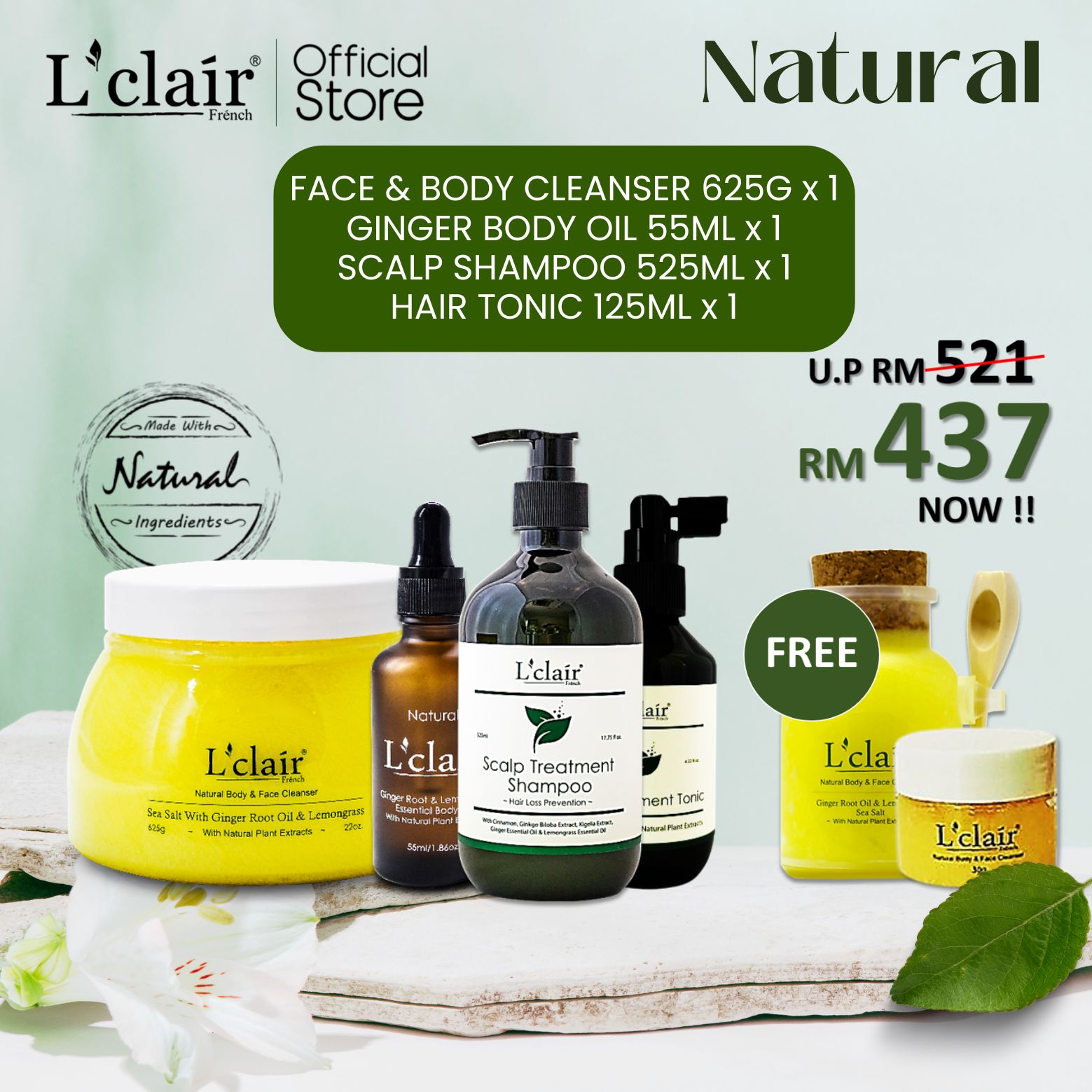 Sea Salt Cleanser (625g) + Ginger Body Oil (55ml) + Scalp Shampoo ...